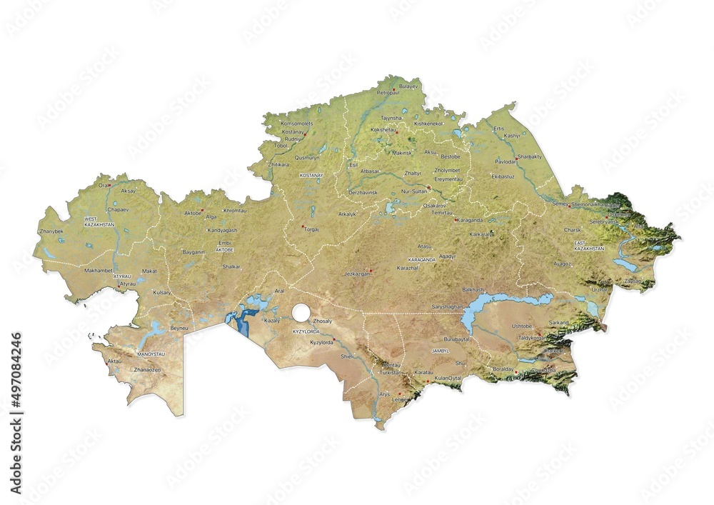 Isolated map of Kazakhstan with capital, national borders, important ...