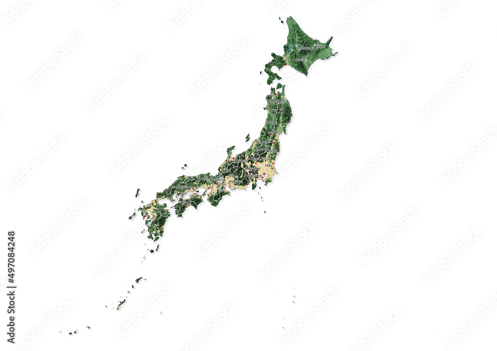 Isolated map of Japan with capital, national borders, important cities ...