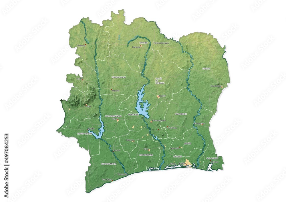Isolated map of Ivory Coast with capital, national borders, important ...