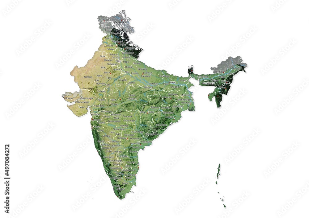 Isolated map of India with capital, national borders, important cities ...
