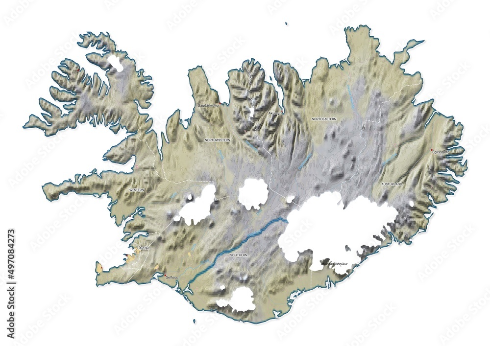 Isolated map of Iceland with capital, national borders, important ...