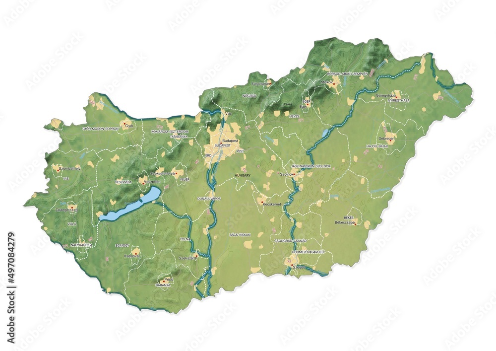 Isolated map of Hungary with capital, national borders, important ...