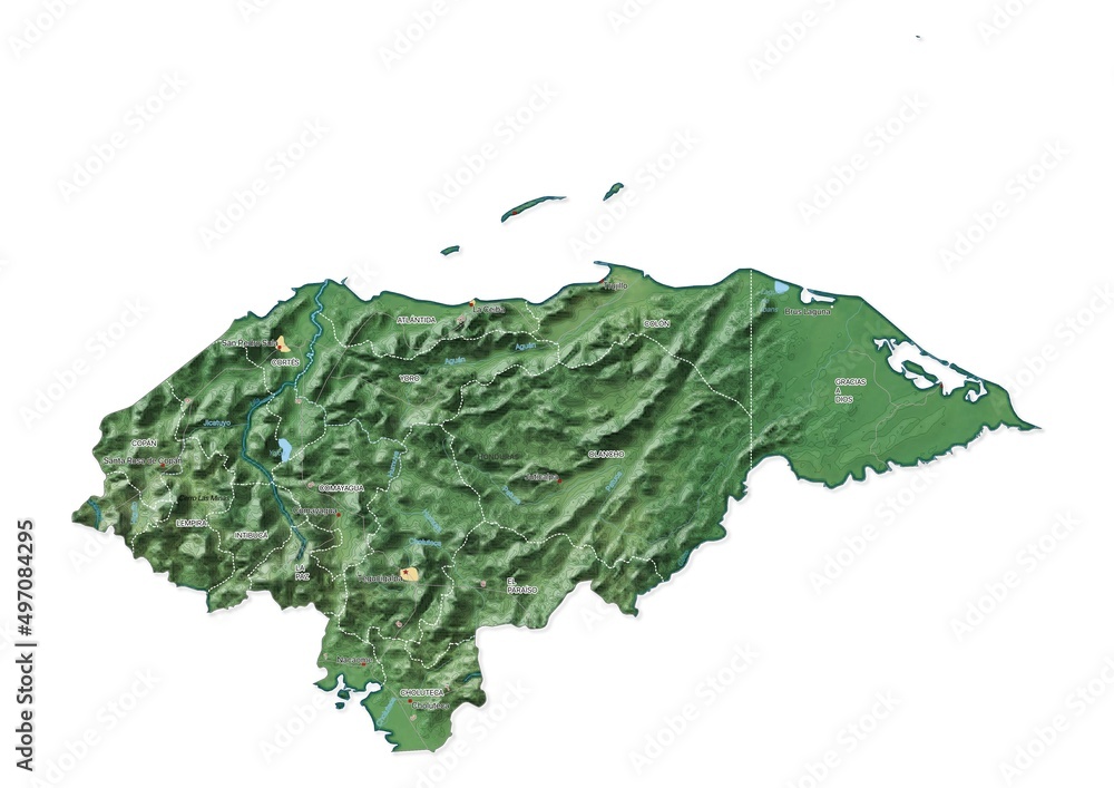 Isolated map of Honduras with capital, national borders, important ...