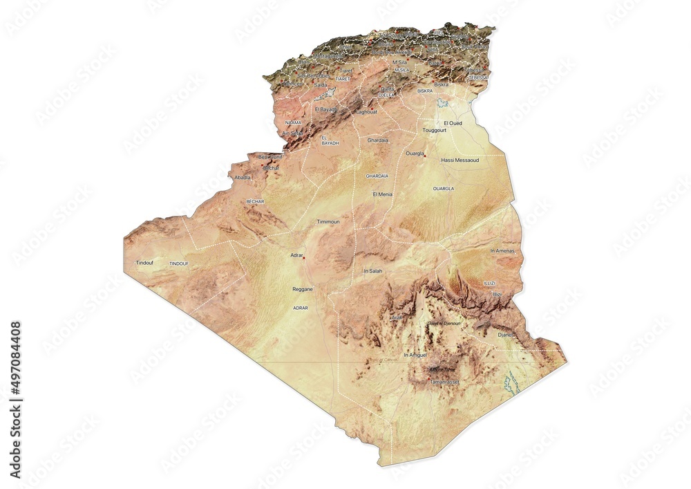 Isolated map of Algeria with capital, national borders, important ...