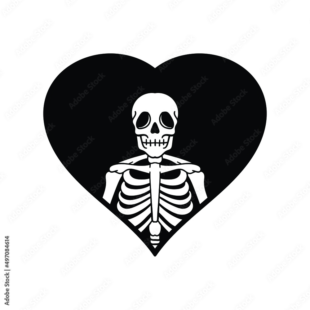 hand drawn skeleton with heart doodle illustration for tattoo stickers ...