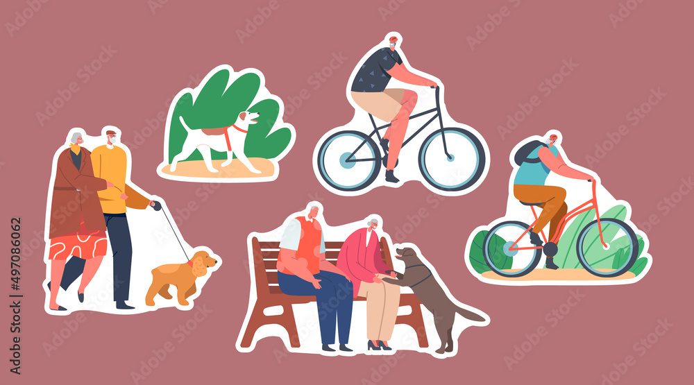 Set of Stickers Elderly People Walk with Dog in Park. Aged Male and ...