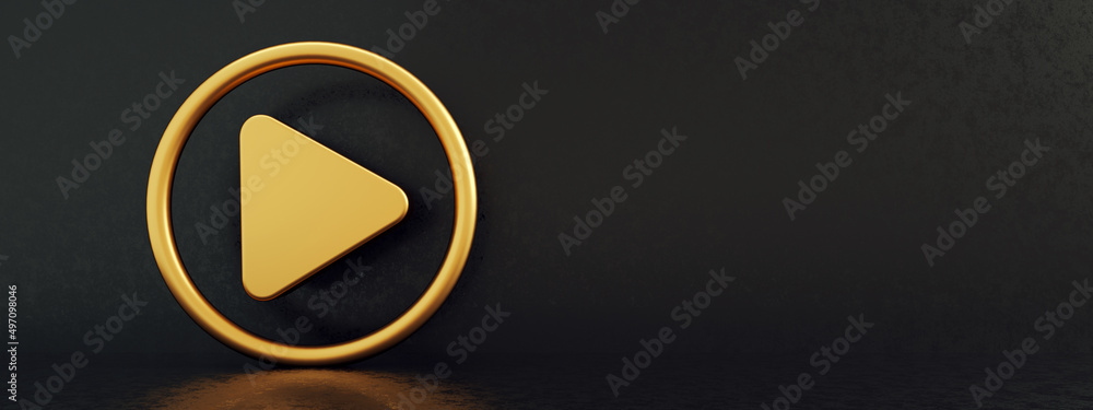 golden play button on black background, 3d render, panoramic layout ...
