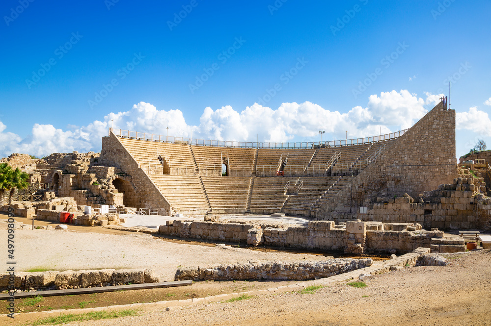 View of the ruins of the ancient Roman theater, amphitheater, in the ...