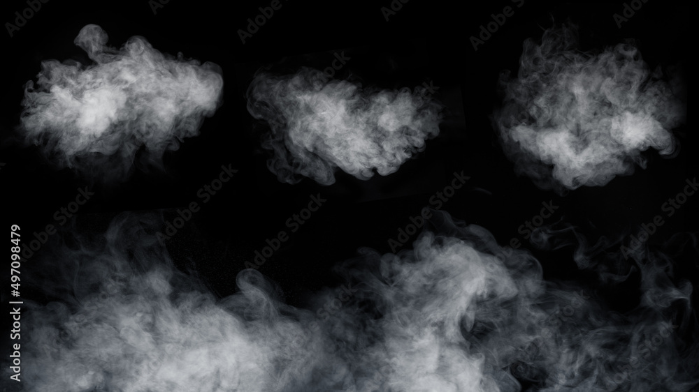 A set of different types of swirling, writhing smoke, steam isolated on ...