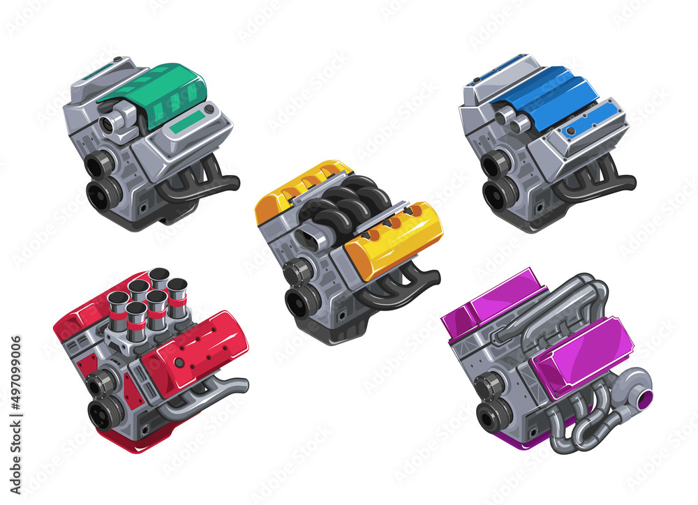 Car engine in isometry. Set of engines of different levels on white ...