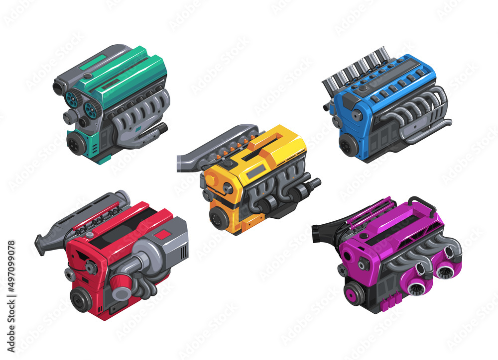 Car engine in isometry. Set of engines of different levels on white ...