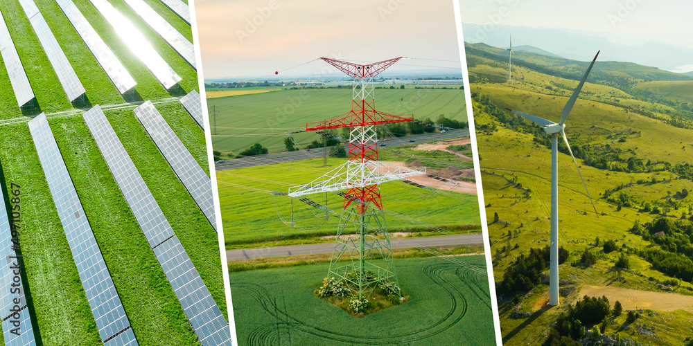 Renewable green energy collage with solar panel, windmill and pylon ...