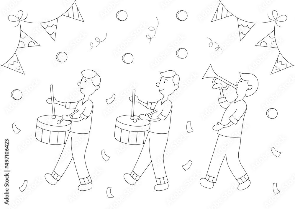 musicians of the marching band, coloring page for kids of a fun school ...