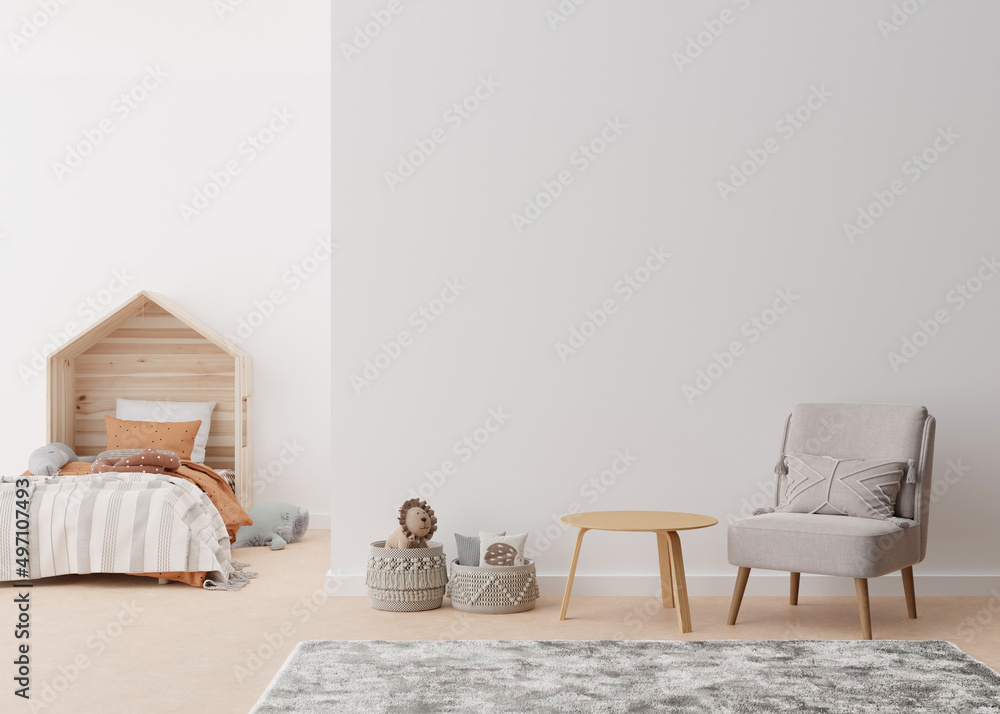 Empty white wall in modern child room. Mock up interior in scandinavian ...