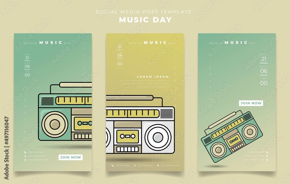 Set of social media post template for world music day with radio tape ...
