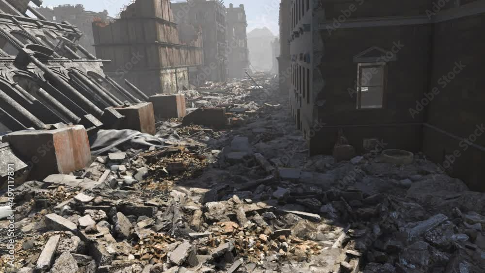 Conceptual war footage depicting the old town of a major city ravaged ...