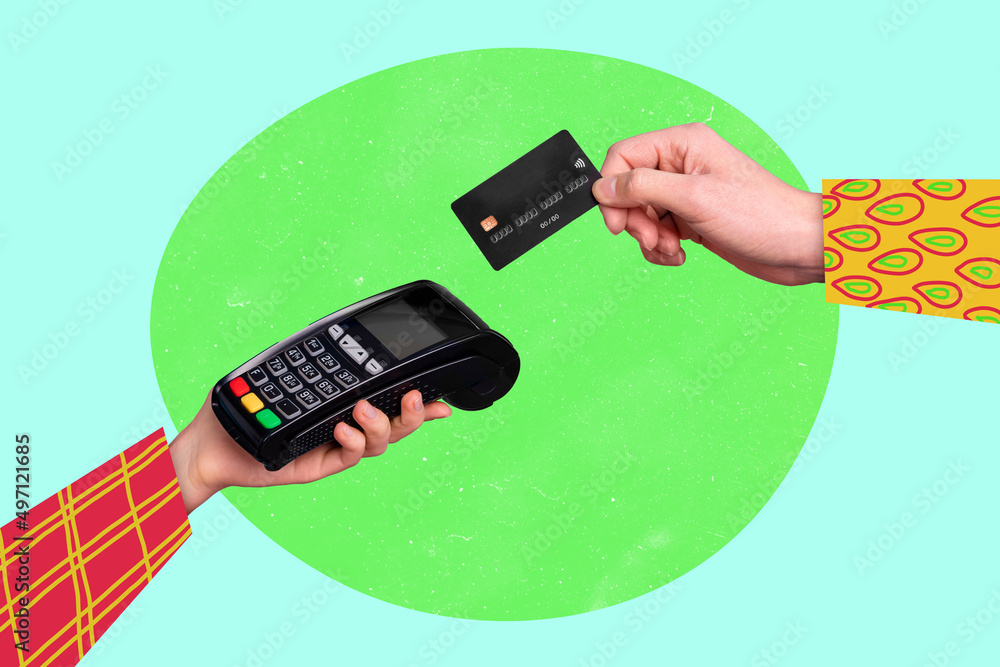 Collage of payment terminal plastic debit card shopping center ...