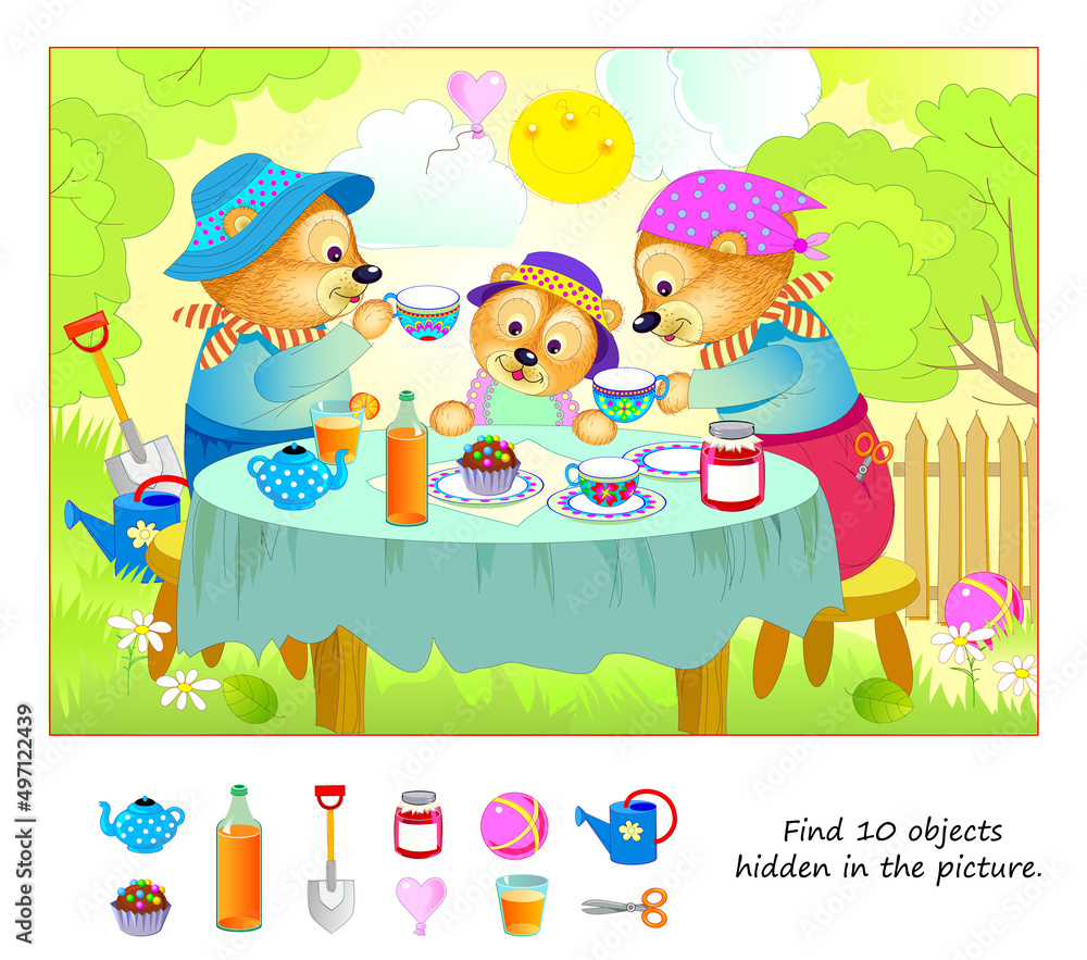 Logic puzzle game for kids. Find 10 objects hidden in the picture. Cute ...