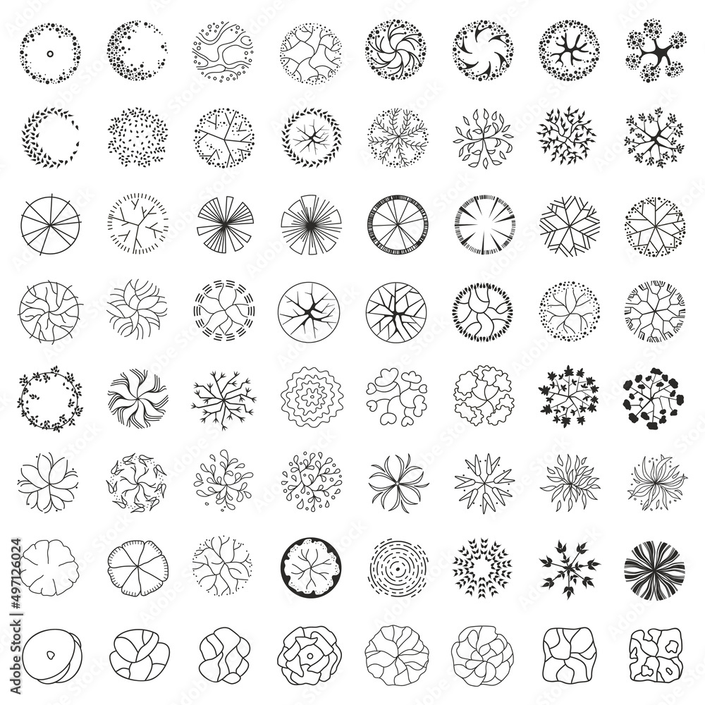 Set of trees. Entourage design. Various trees, bushes, and shrubs, top ...