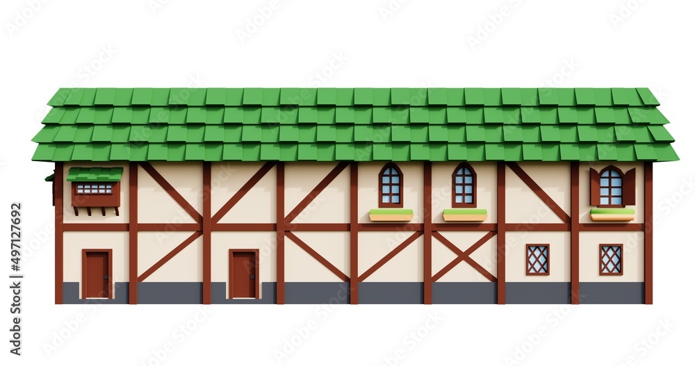 Medieval green roof 2-floor house 3d rendering. Fantasy building ...