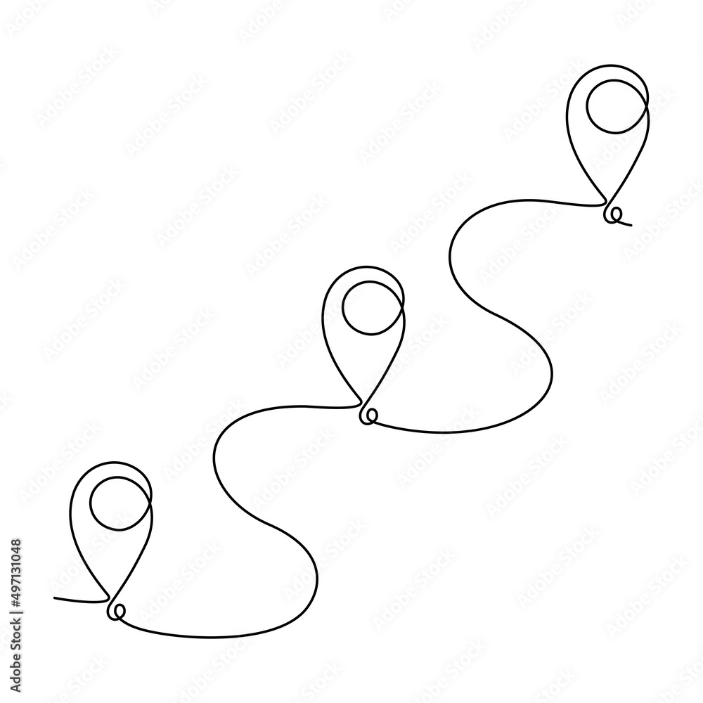 Continuous one line drawing of route. Location pointers. Travel concept ...