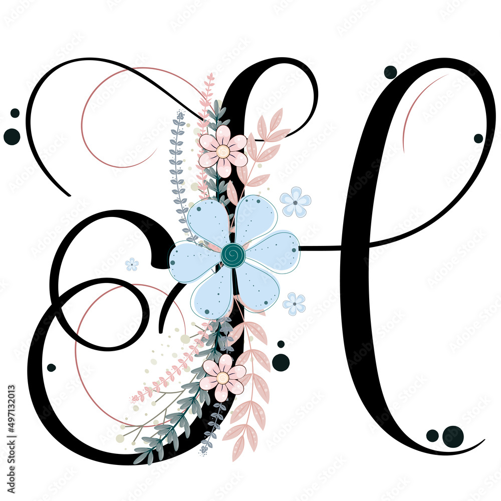 Alphabet ornaments. Letter H floral vector with flowers and leaves, vintage handwritten ...