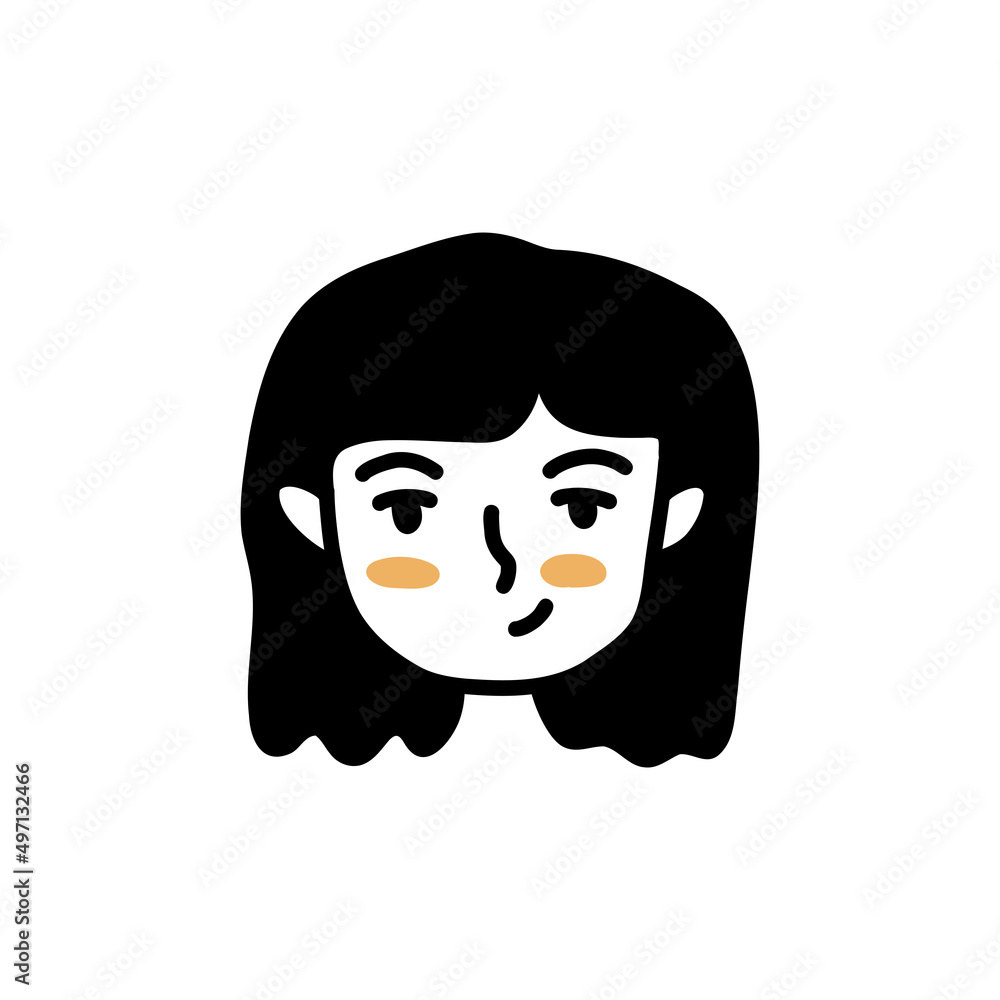 Girl face with smirk. Doodle girl smile face. Black and white vector ...