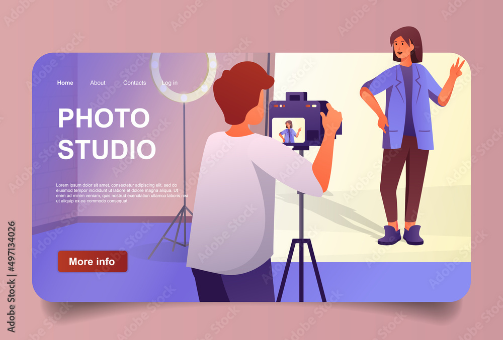 Photo studio concept in cartoon design for landing page. Woman model ...