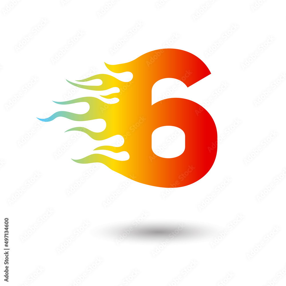Fire Flames number six 6 icon design on a white background. Numeric hot ...