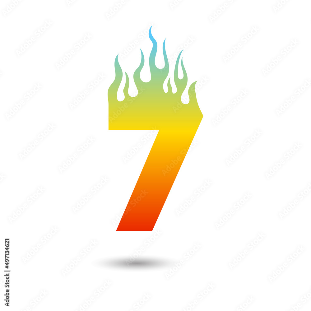Fire Flames number seven 7 icon design on a white background. Numeric ...