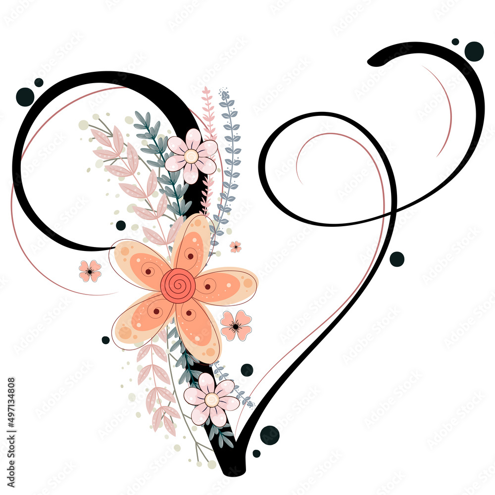 Alphabet ornaments. LETTER V floral vector with flowers and leaves ...