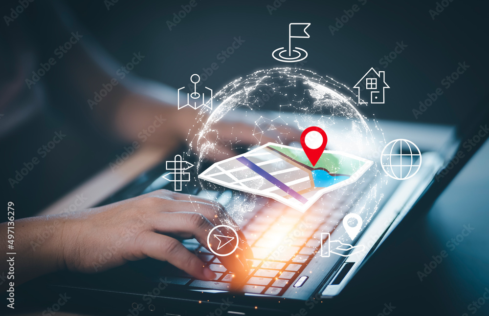 Tablet and navigation virtual world and model map with location point ...