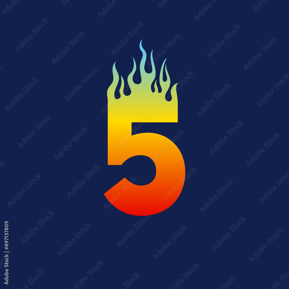 Number five 5 icon with fire flames in a vibrant gradient color ...