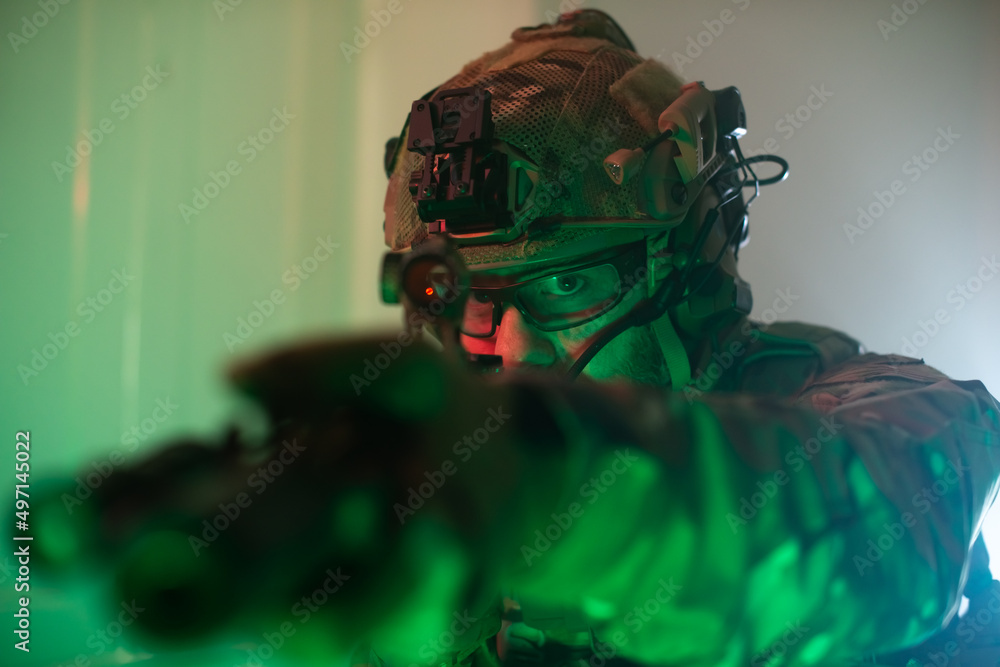 Army man aiming with machinegun. Armed man firing shotgun. Military man ...