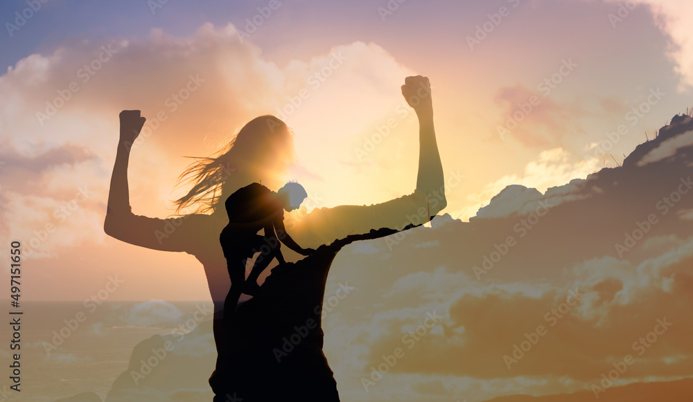 Strong man, and woman overcoming challenges and life obstacles. People ...