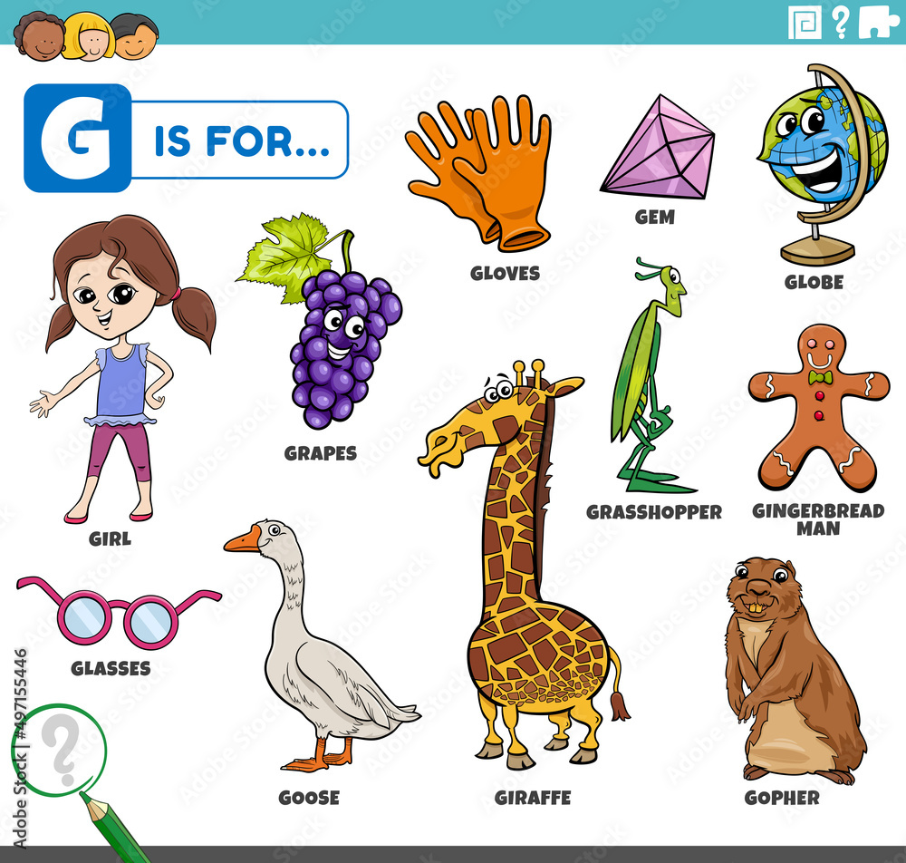 letter g words educational set with cartoon characters Stock Vector ...
