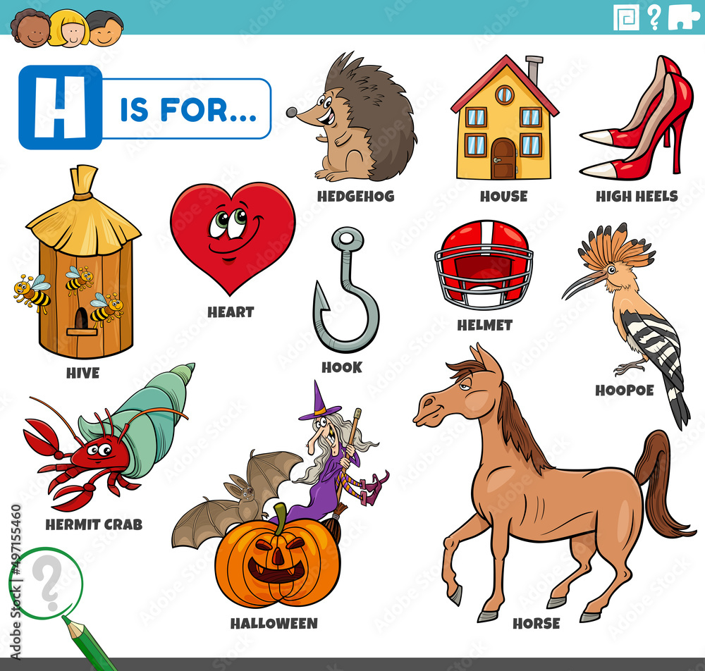 letter h words educational set with cartoon characters Stock Vector ...