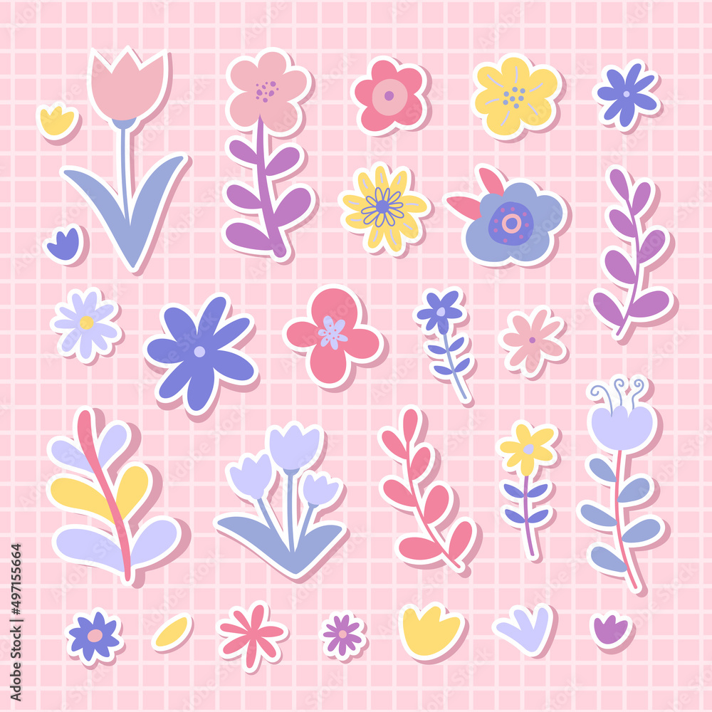 Set of stickers with flowers and leaves in doodle style with white ...