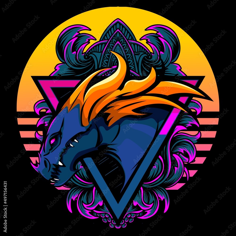 vector illustration of blue dragon head with ornament in retro style ...