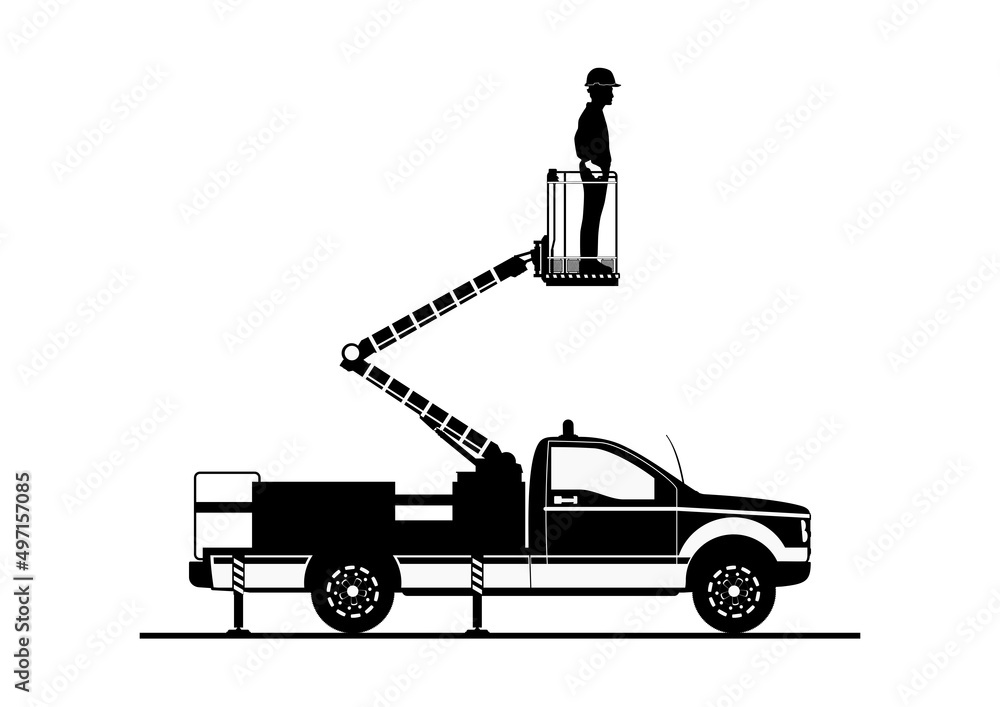 Silhouette of cherry picker. Side view of aerial work platform with ...