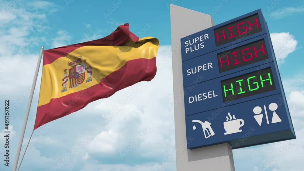 Gas station sign board with rising fuel prices and national flag of ...