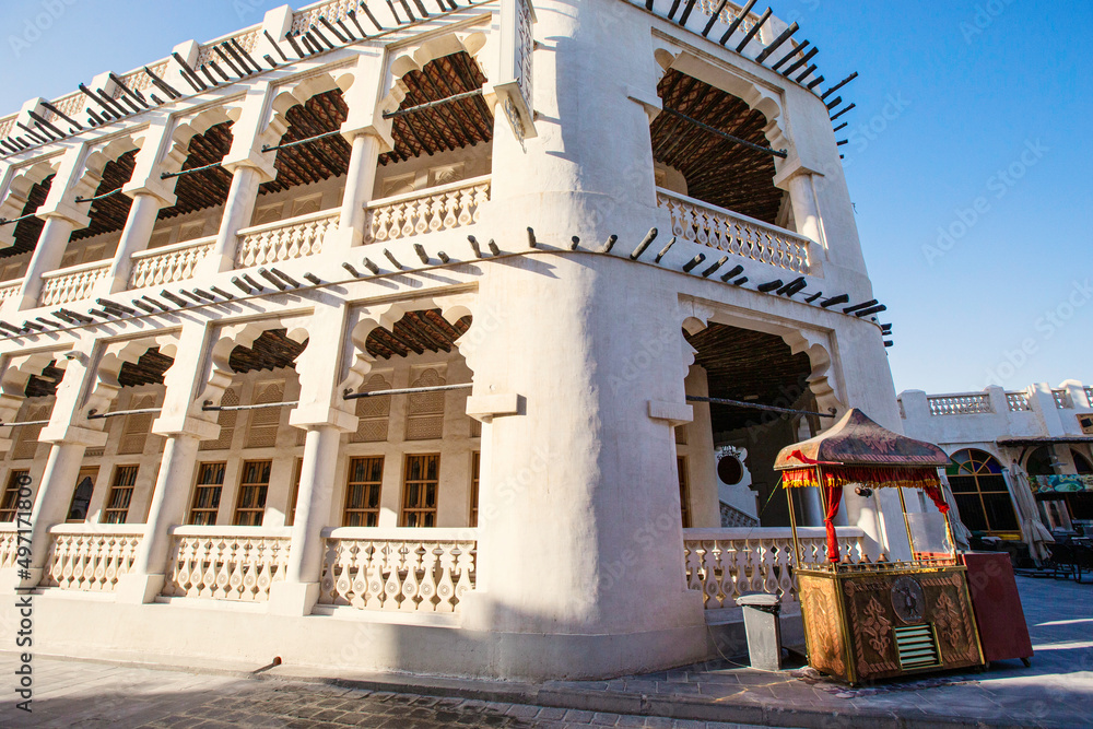 Traditional ancient Middle East market Souq Waqif, narrow market street ...