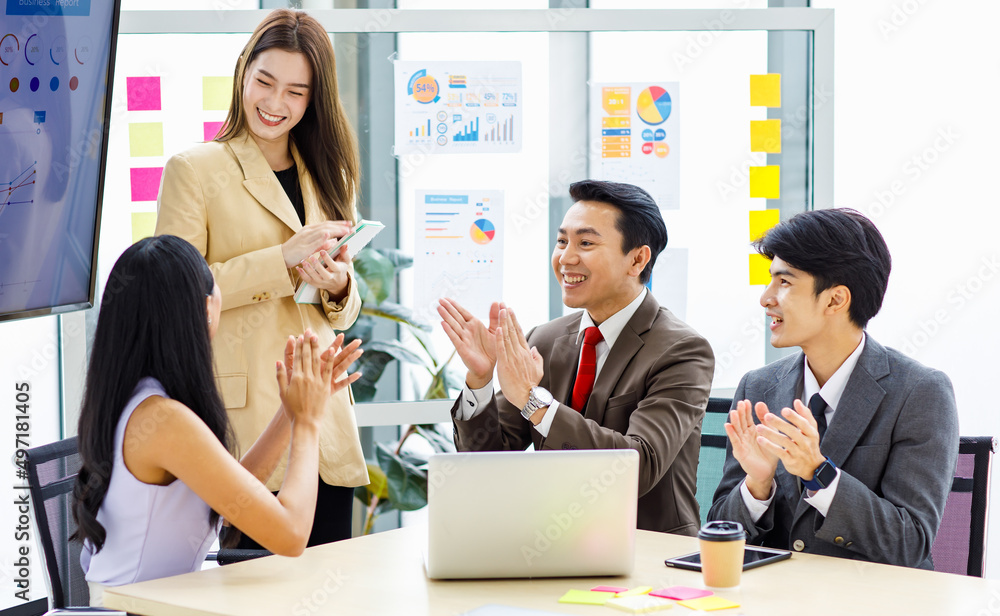 Asian young pretty professional successful businesswoman staff standing ...