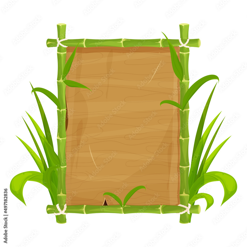 Green bamboo frame with leaves, empty wooden plank, signboard in ...