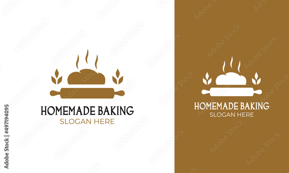 Homemade bread logo design with a rolling pin, wheat, and tasty for ...