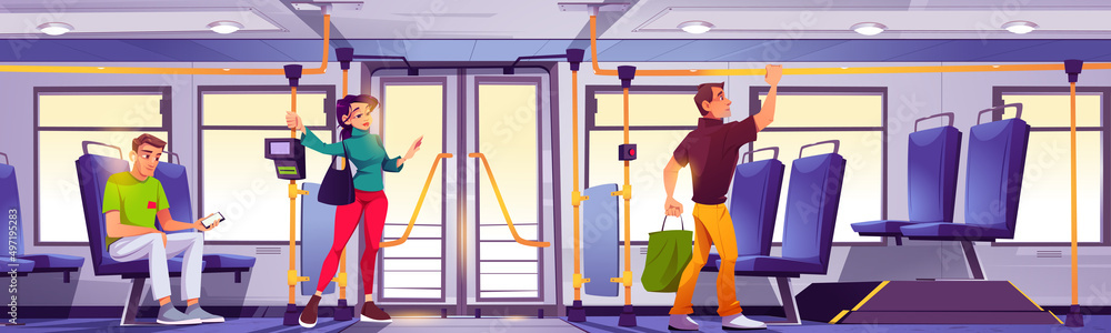 People ride in city bus. Vector cartoon illustration of public ...