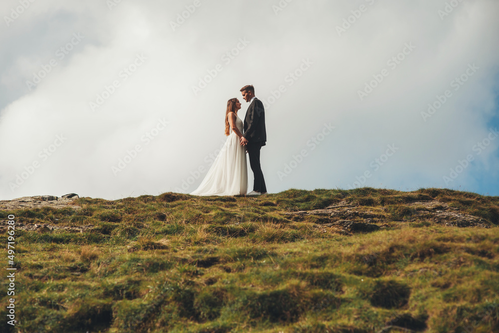 Side view of loving wedding couple standing on grassy hill and holding ...