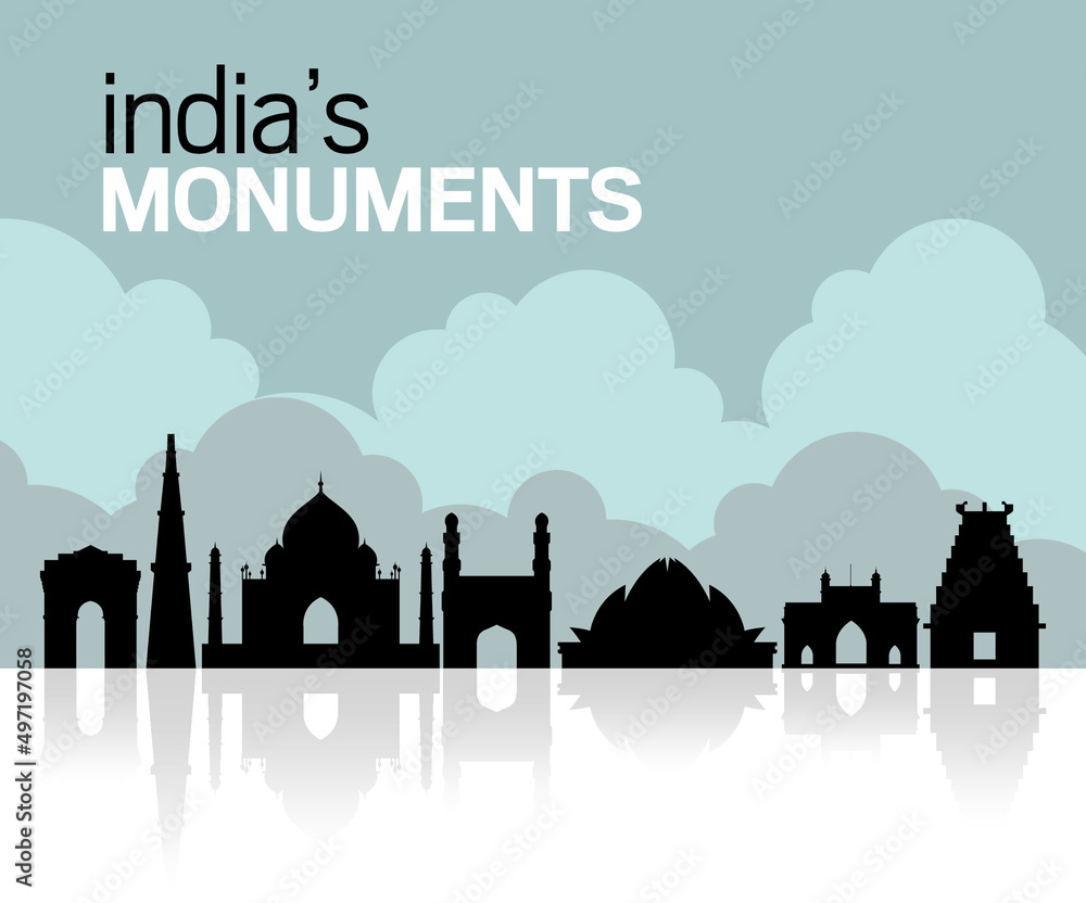 India monuments building silhouette, India skyline architectural ...