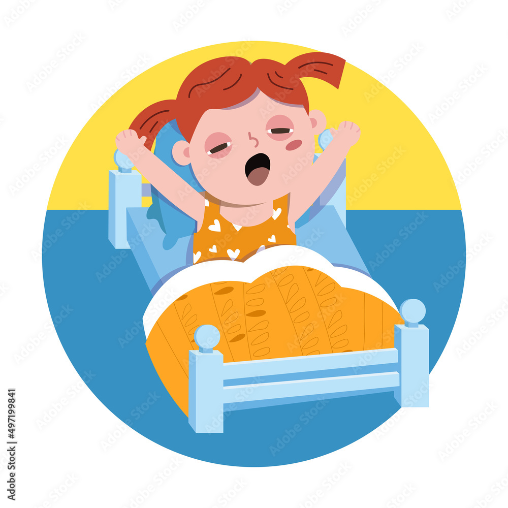 Little girl wake up. Cute cartoon character. Vector illustration for ...