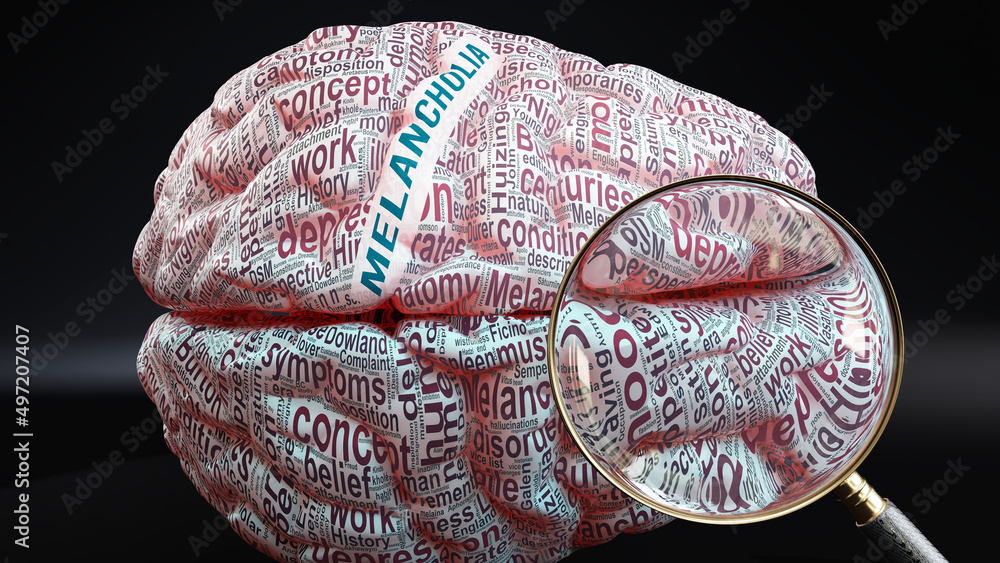 Melancholia in human brain, a concept showing hundreds of crucial words ...